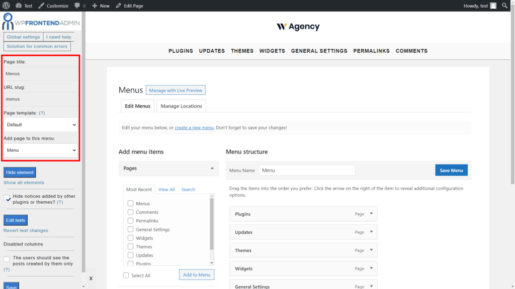 WordPress - Manage Navigation Menus on the Frontend