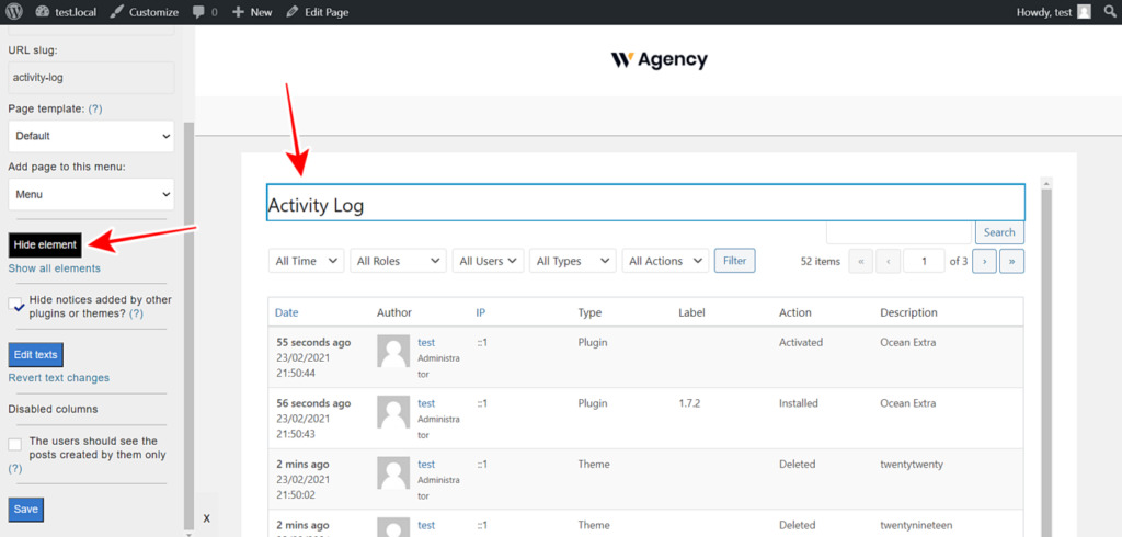 WordPress - Show Activity Log on the Frontend Dashboard