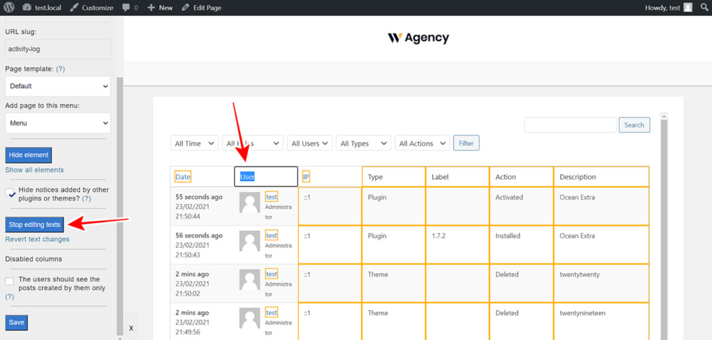 WordPress - Show Activity Log on the Frontend Dashboard