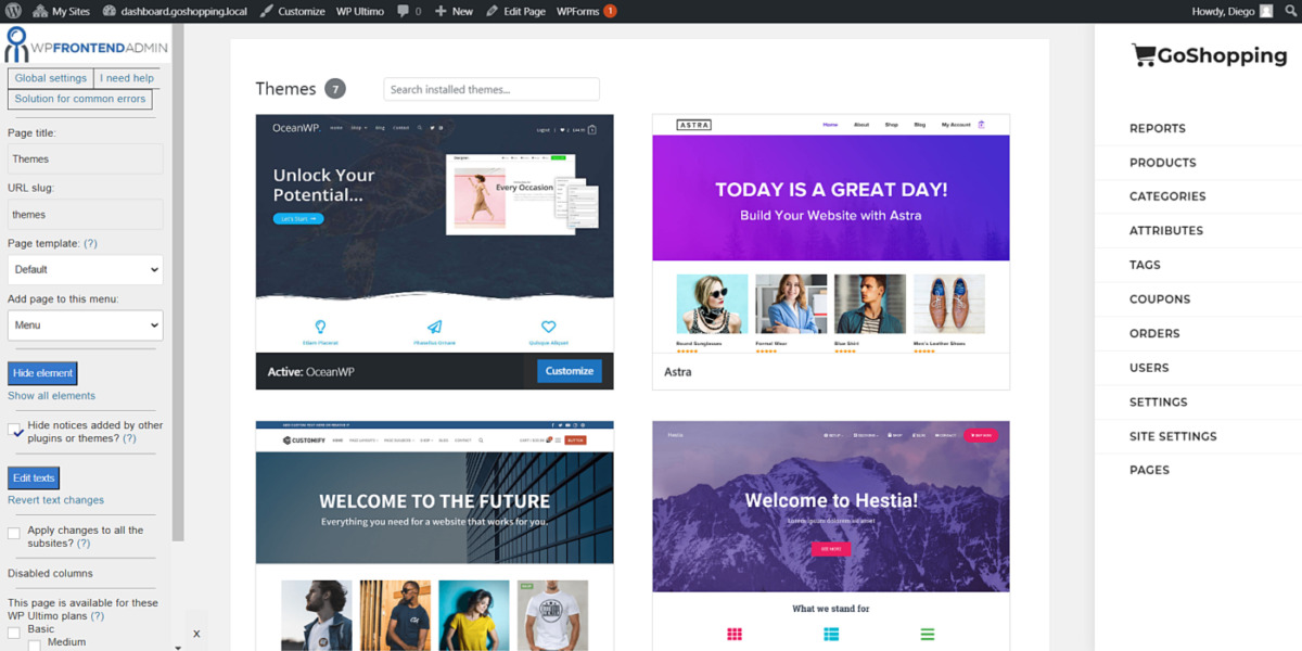 Set up the Pages, Theme Settings, and Menus on the Frontend Dashboard