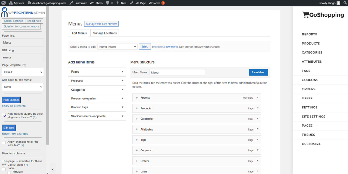 Set up the Pages, Theme Settings, and Menus on the Frontend Dashboard