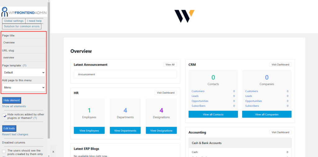 WP ERP - How to Show the Dashboard on the Frontend