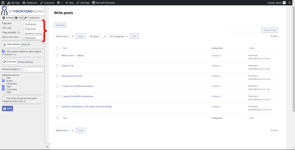 WordPress - Create a Dashboard for Authors with Elementor