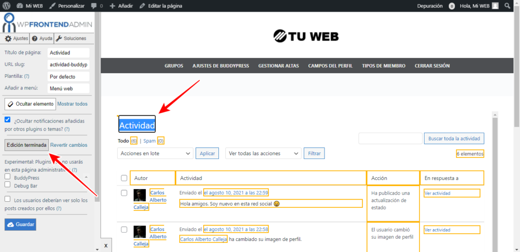 BuddyPress- Cómo Ver la Actividad en el Frontend - WP Frontend Admin